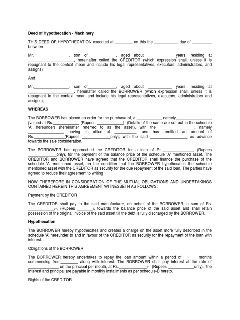 Deed of Hypothecation - Machiner | PDF | Debtor | Debt