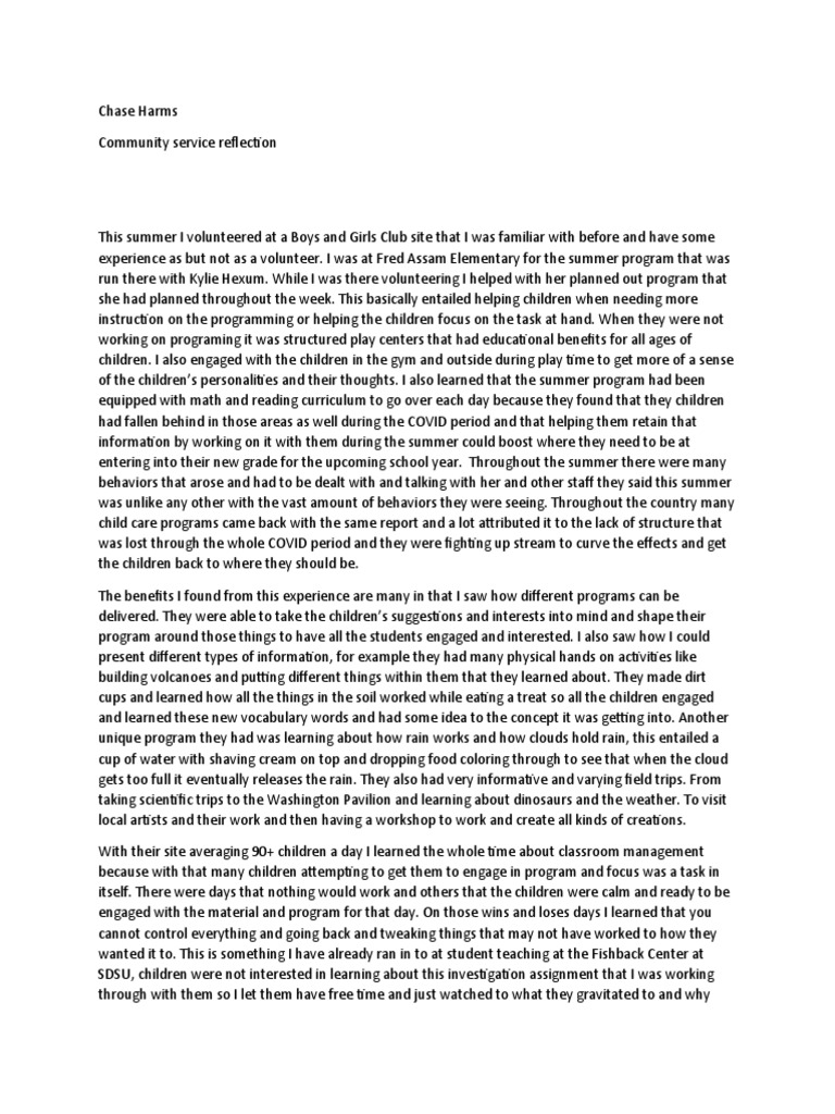 Chase Harms Community Service Reflection Paper | PDF | Learning ...