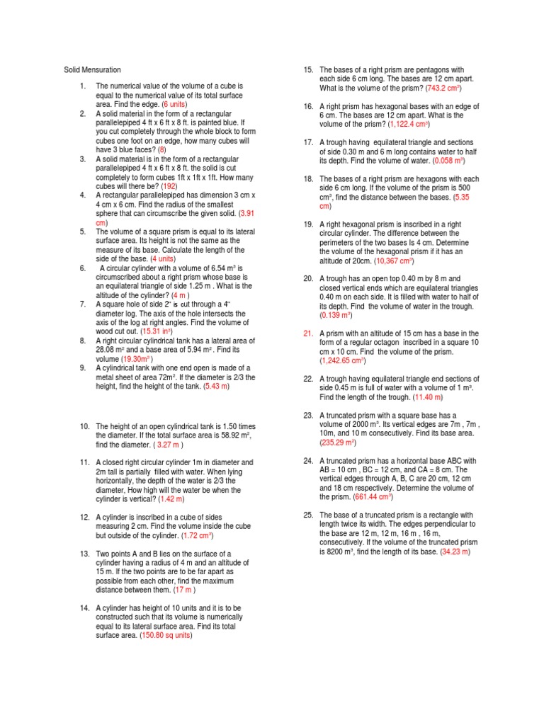 Solid Mensuration | PDF | Area | Volume