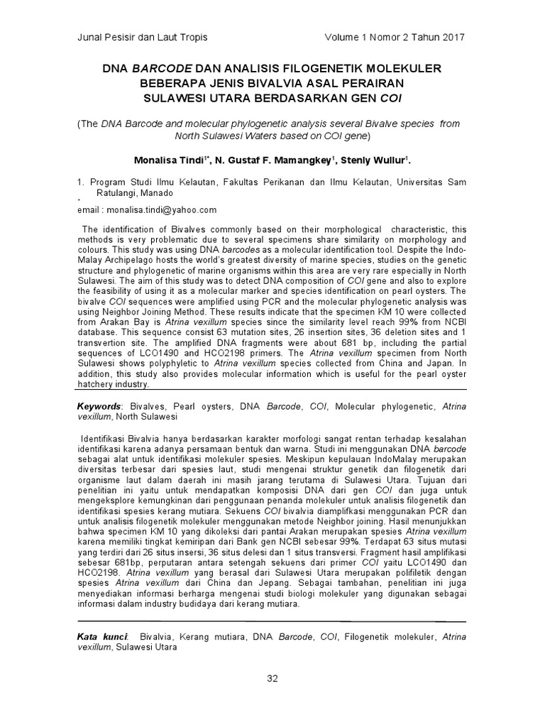 Dna Barcode Dan Analisis Filogenetik Molekuler Beberapa Jenis Bivalvia ...