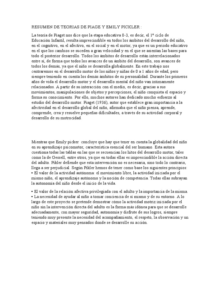Resumen de Teorias de Piage y Emily Pickler | PDF | Adultos | Aprendizaje