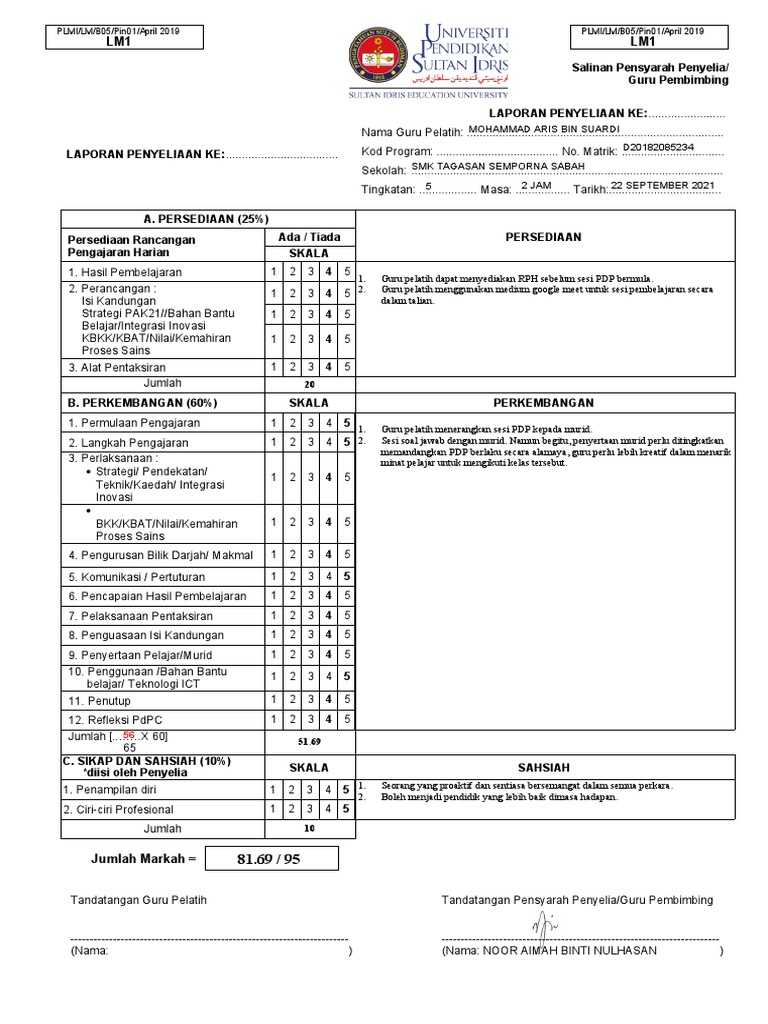 Borang-Borang LATIHAN MENGAJAR PENSYARAH DAN GURU PEMBIMBING | PDF