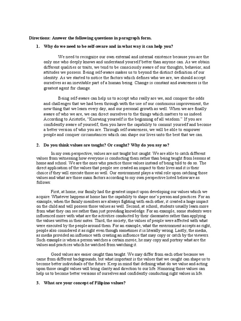 Directions: Answer The Following Questions in Paragraph Form. 1. Why Do ...