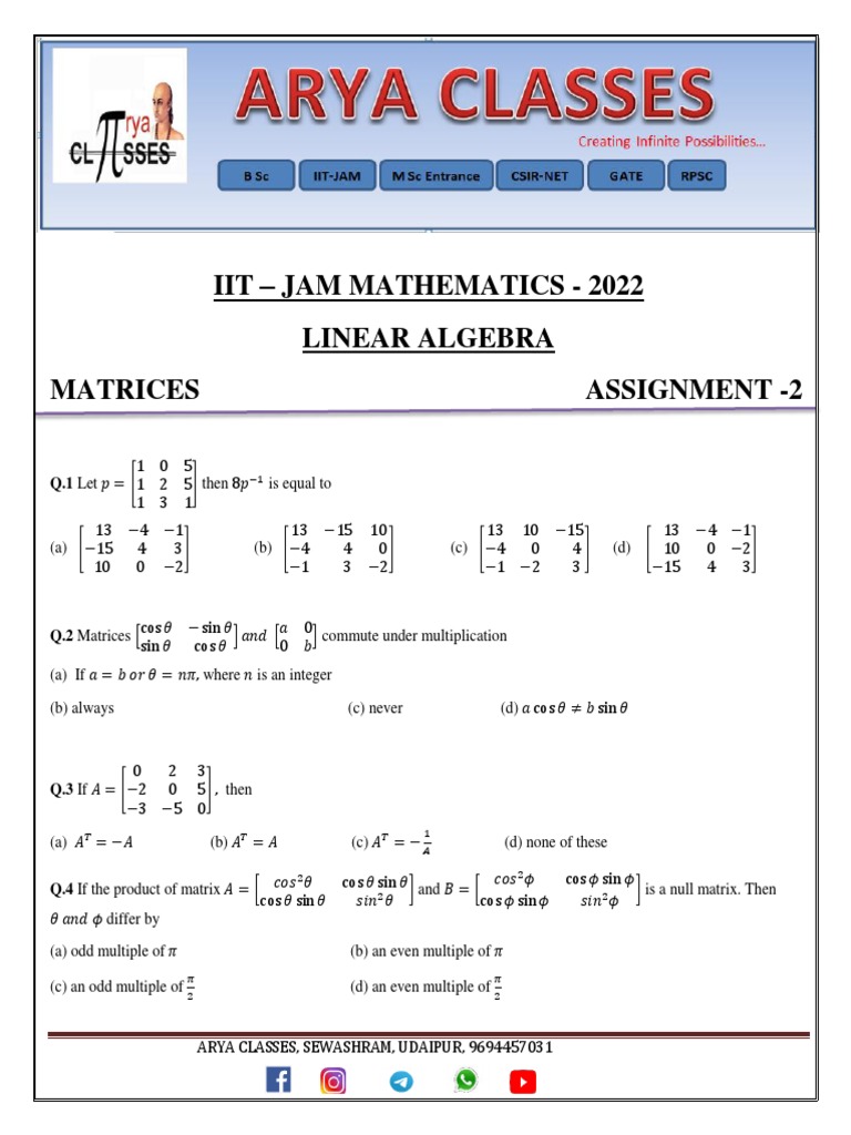 Iit - Jam Mathematics - 2022 Linear Algebra Matrices Assignment - 2 | PDF | Matrix (Mathematics ...