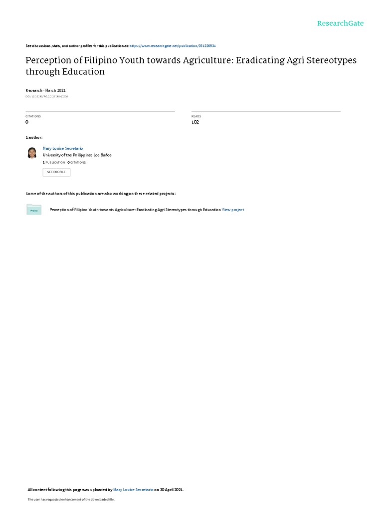 Perception of Filipino Youth Towards Agriculture: Eradicating Agri ...