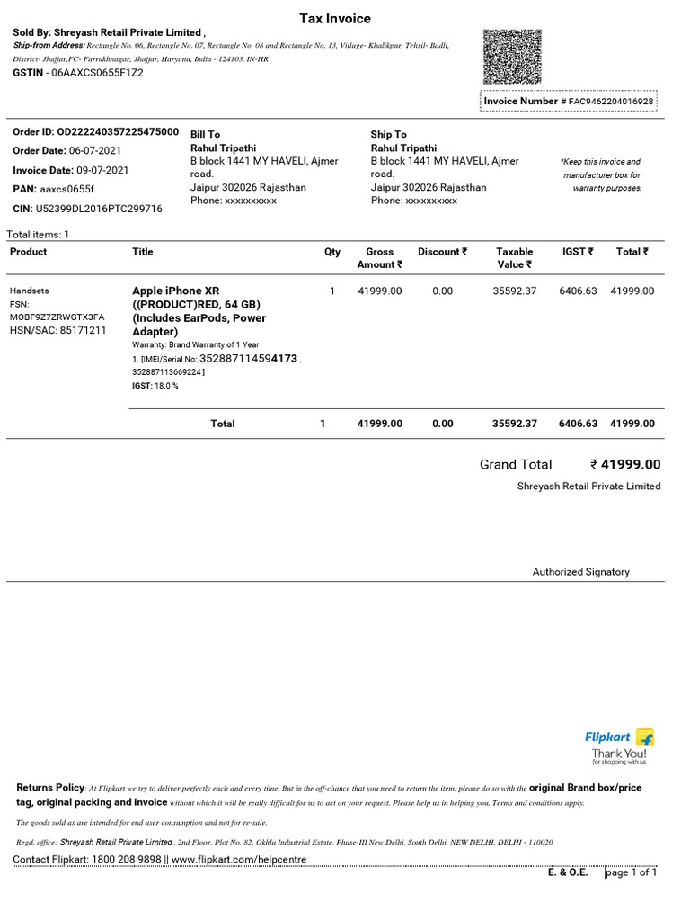 Apple iPhone XR Tax Invoice for Customer Rahul Tripathi Detailing ...
