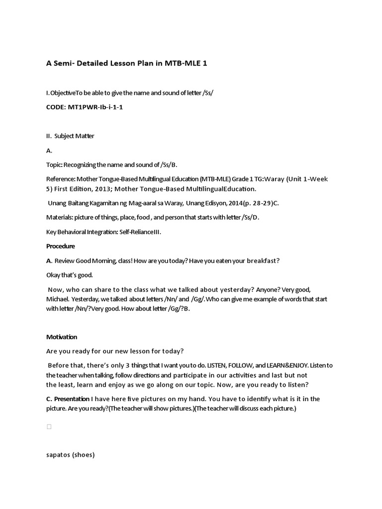 A Semi-Detailed Lesson Plan in MTB-MLE 1: CODE: MT1PWR-Ib-i-1-1 | PDF