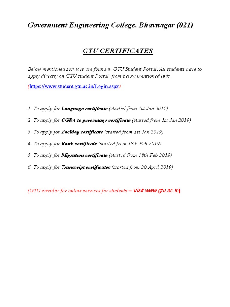 Instruction - Certificates Issued by GTU | PDF