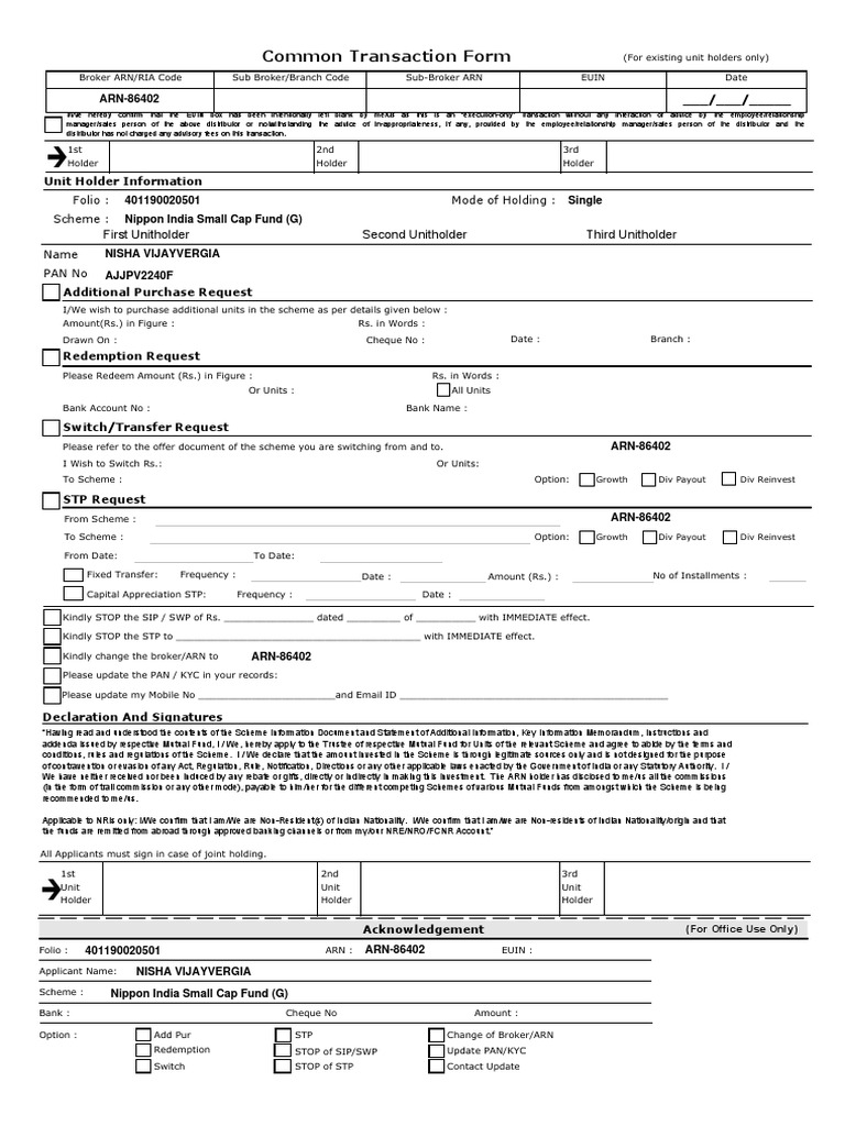 Common Transaction Form: First Unitholder Second Unitholder Third ...