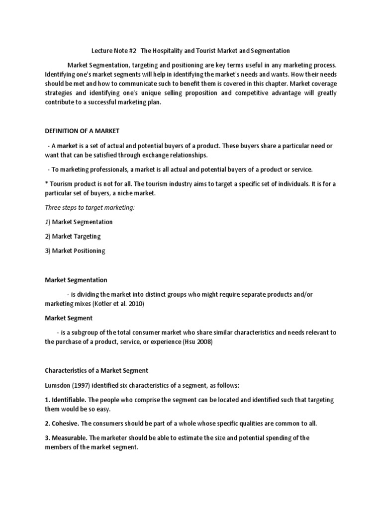 Lecture Notes - 2 - The Hospitality and Tourist Market and Segmentation ...