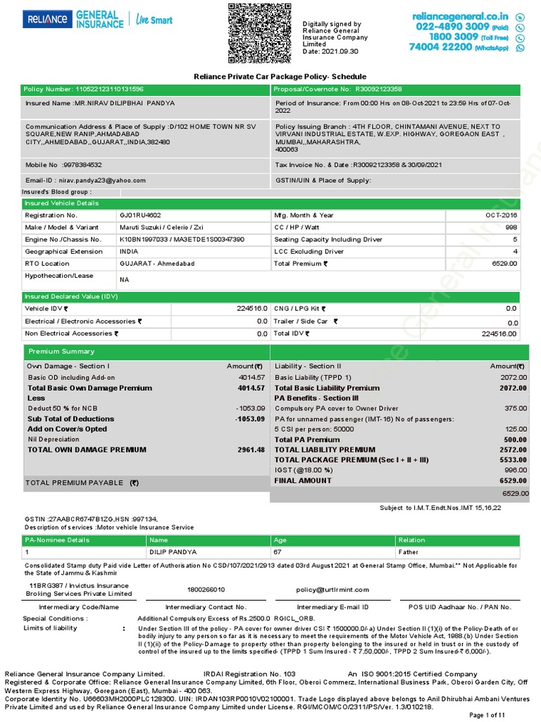Reliance General Insurance Company Limited: Policy Number ...
