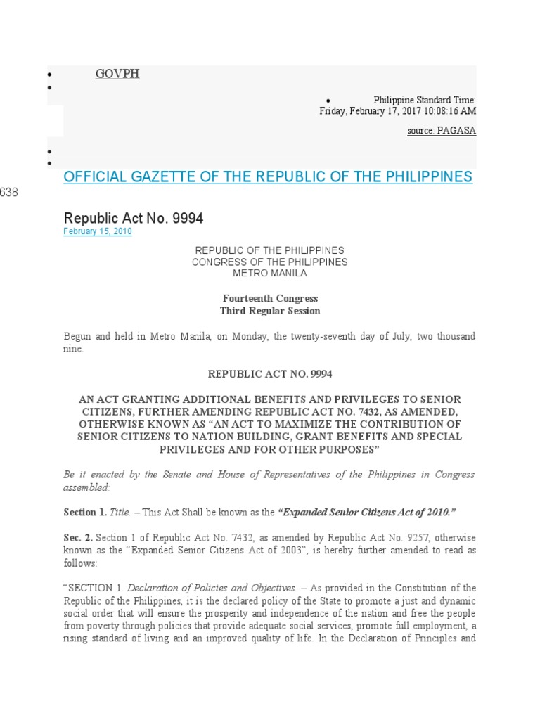 RA 9994. Expanded Senior Citizens Act of 2010 | PDF | Tax Deduction ...