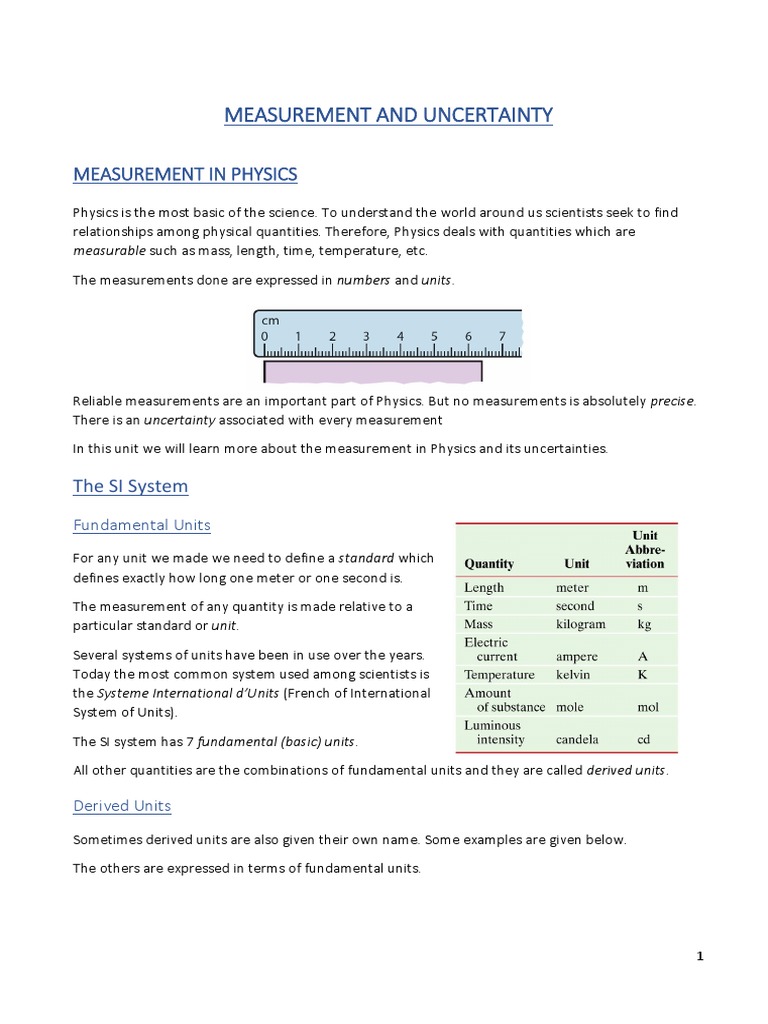 Measurement and Uncertainty Lecture Notes For 11th Grade Ib Students ...
