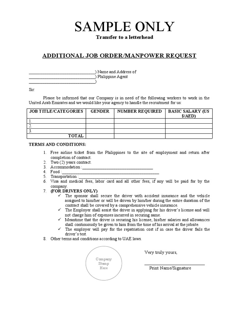 Sample Only: Additional Job Order/Manpower Request | PDF