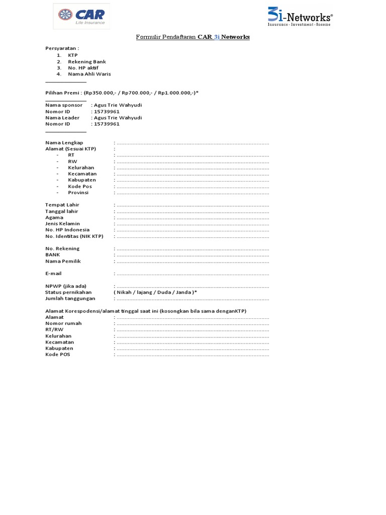 Formulir Pendaftaran CAR 3i Networks | PDF | Hukum