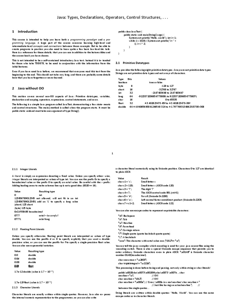 Java Types Declarations Operators Control Structures Pdf Control Flow Integer 4985