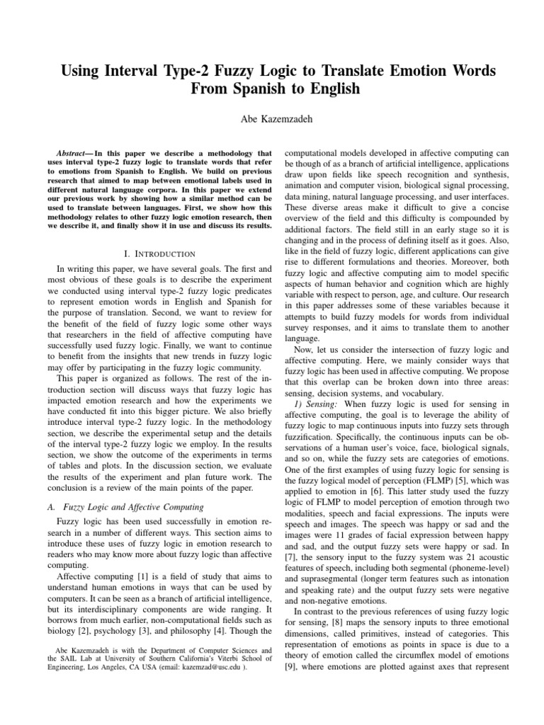 Using Interval Type-2 Fuzzy Logic To Translate Emotion Words From ...