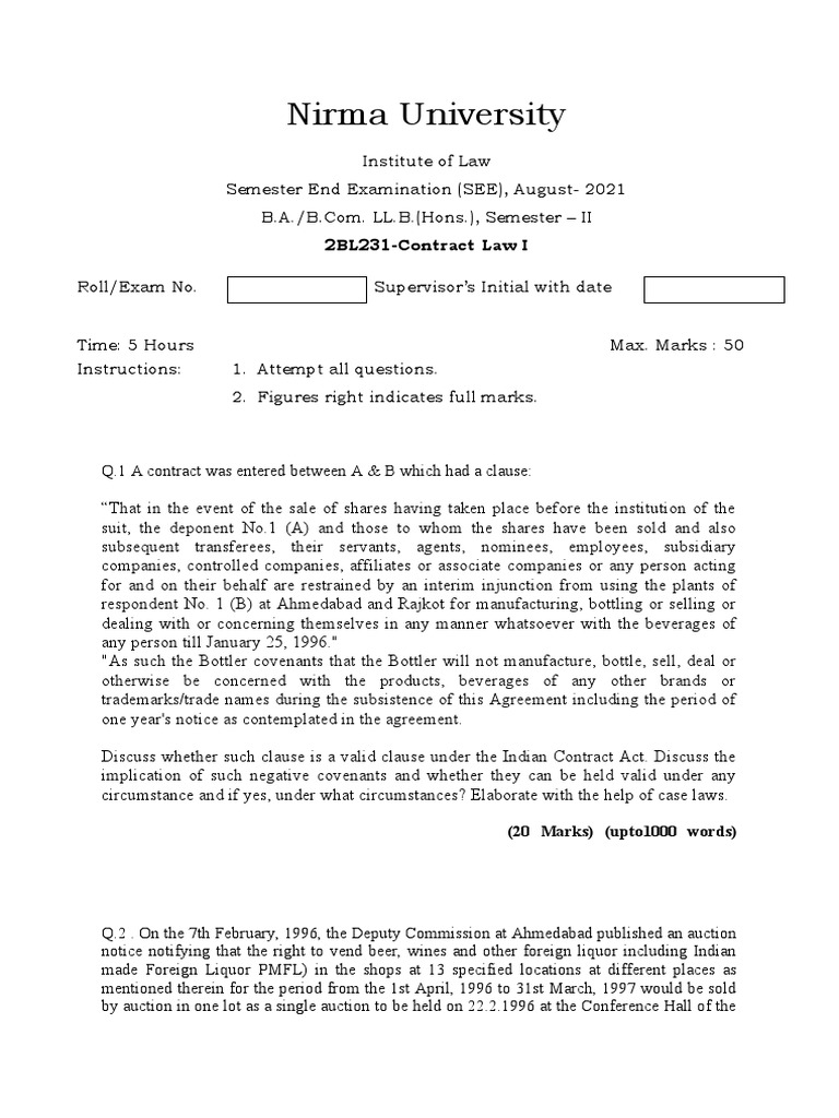 Nirma University Contract Law I Paper | PDF | Auction | Common Law
