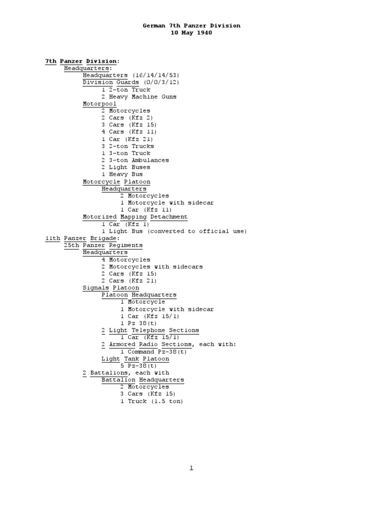 German 7th Panzer Division 10 May 1940 | PDF | Platoon | Company ...
