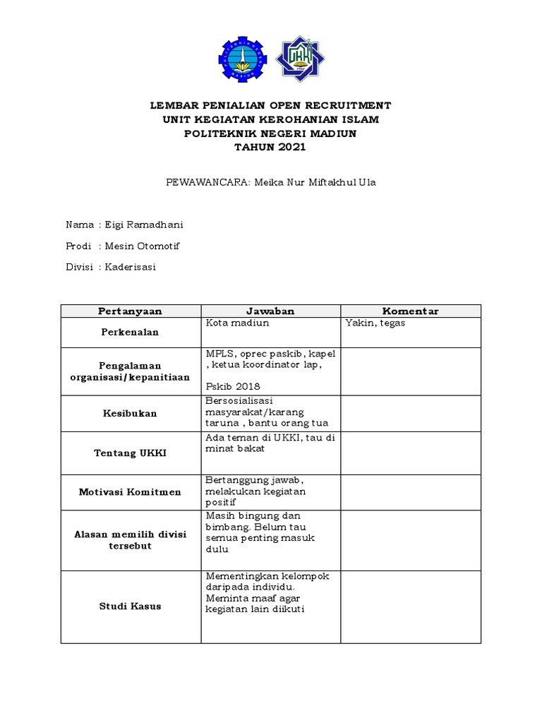 Penilaian Wawancara Susulan TGL 21 | PDF