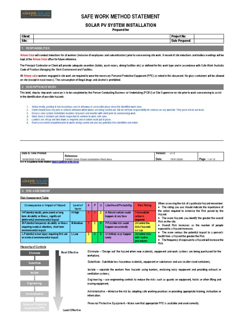 Safe Work Method Statement: Solar PV System Installation | PDF ...