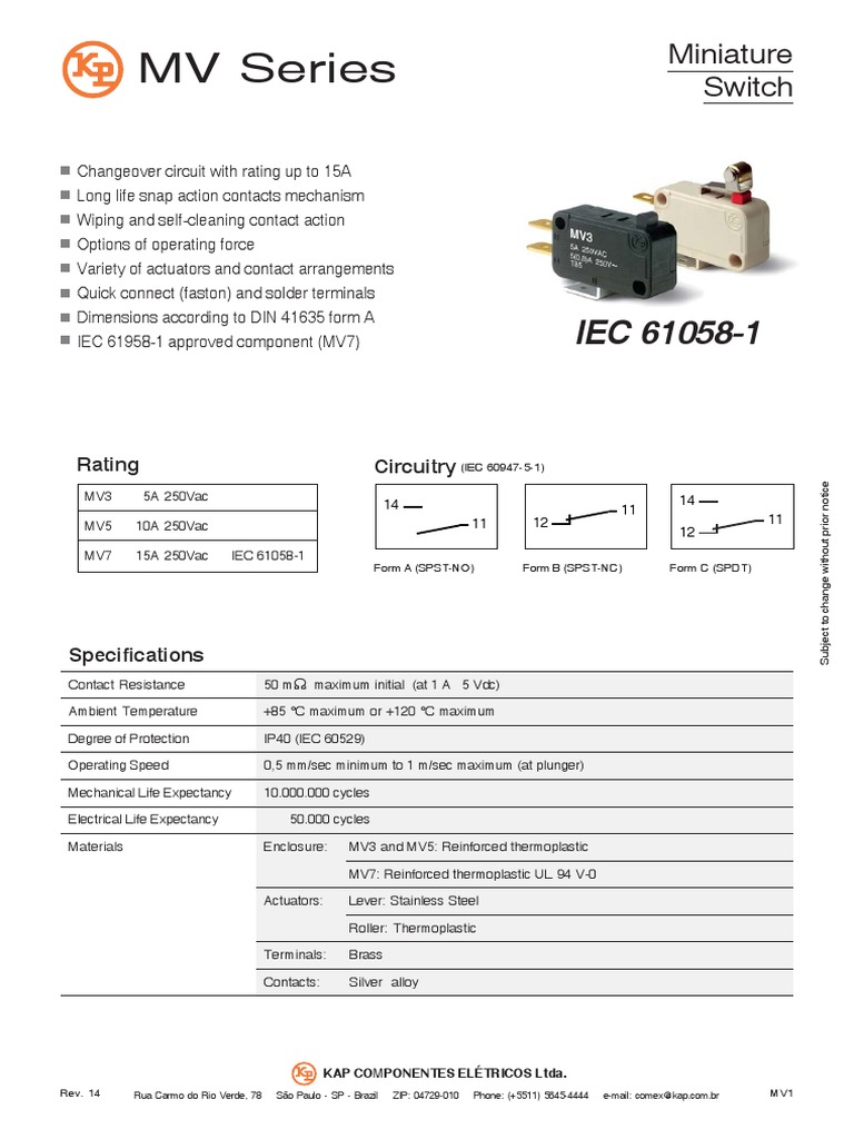 Miniature MV Series Switch: Technical Specifications and Dimensional ...