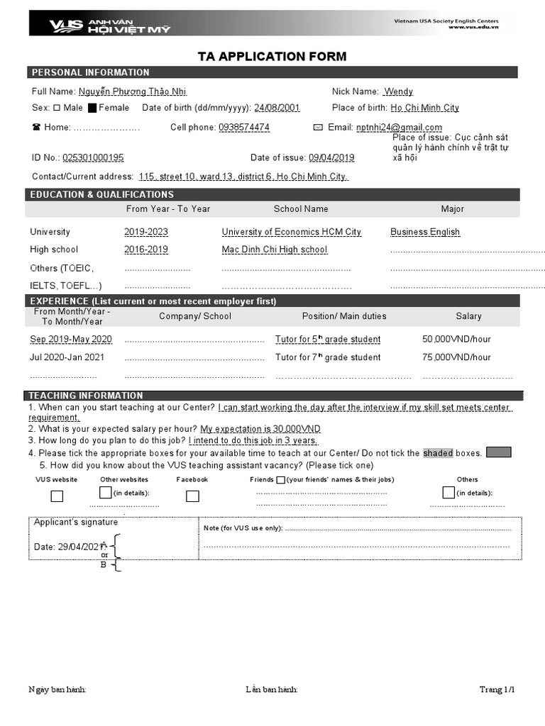 Nguyen Phuong Thao Nhi Ta Application Form | PDF