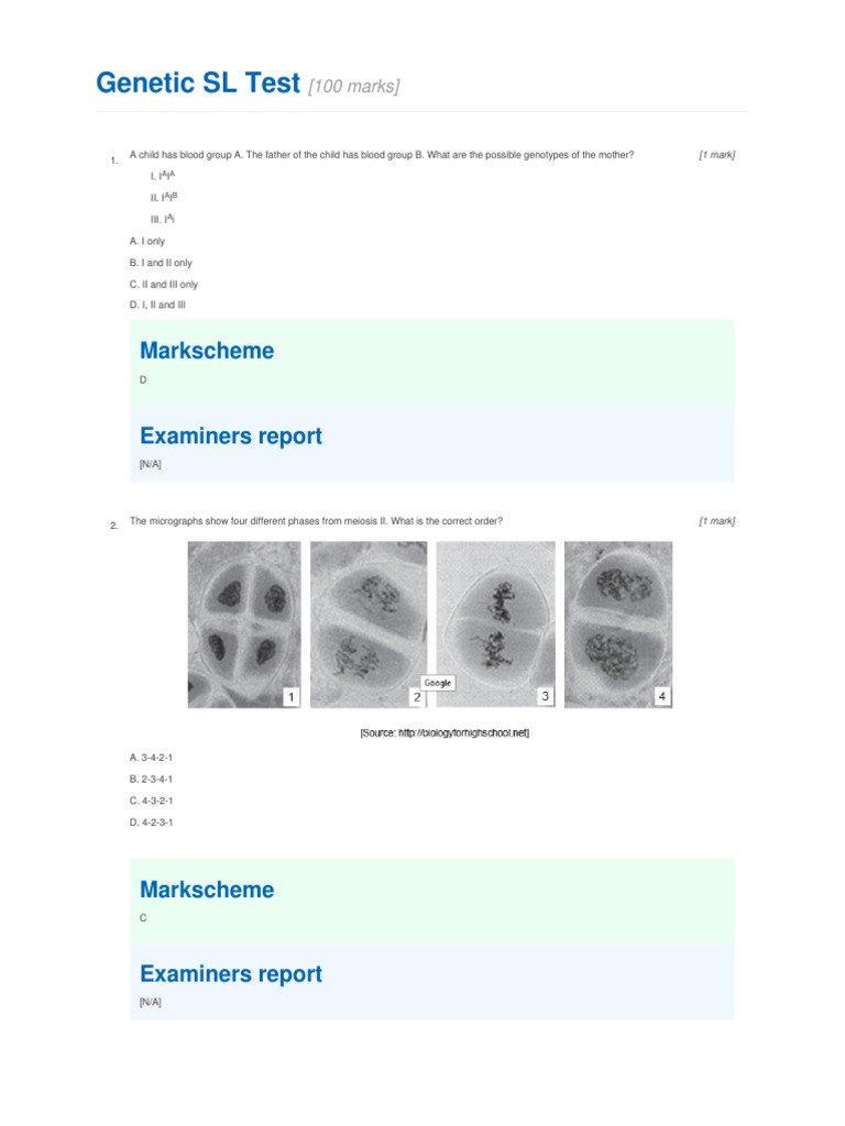 Genetic SL Test: Markscheme Examiners Report | PDF | Dominance ...