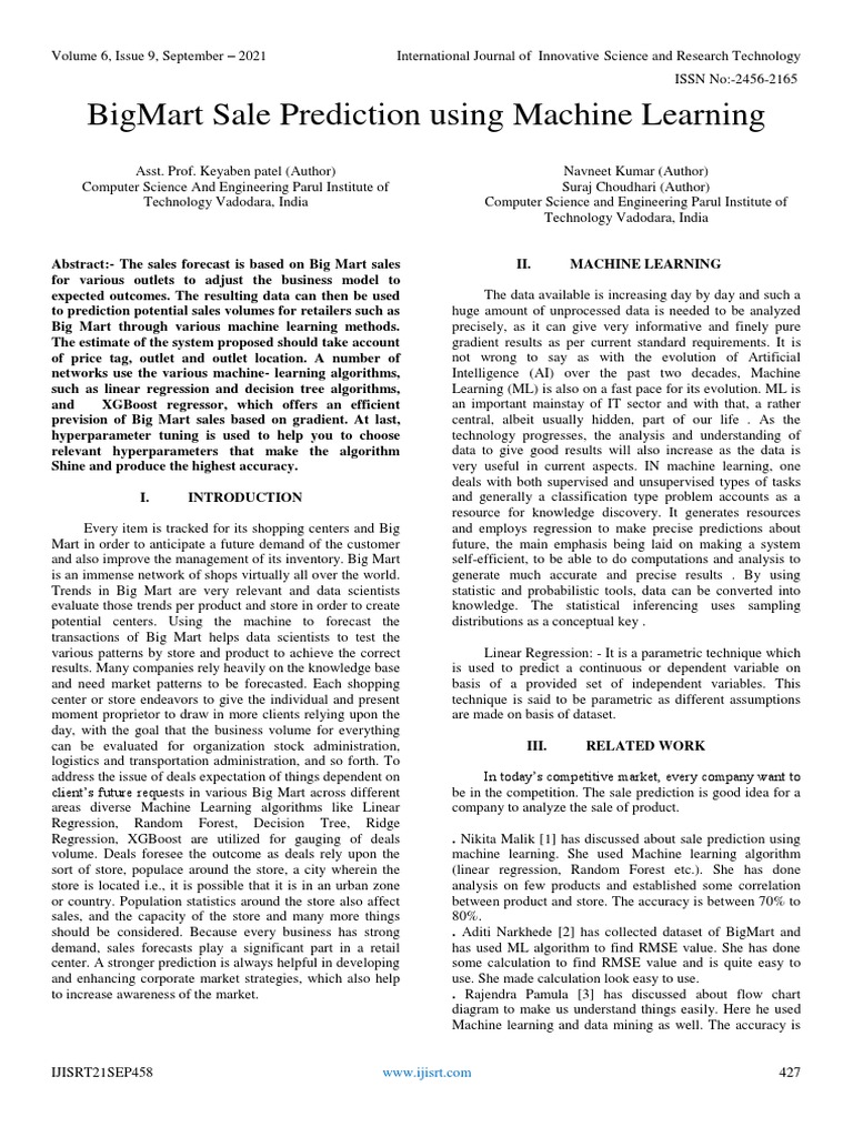 BigMart Sale Prediction Using Machine Learning | Download Free PDF | Machine Learning ...