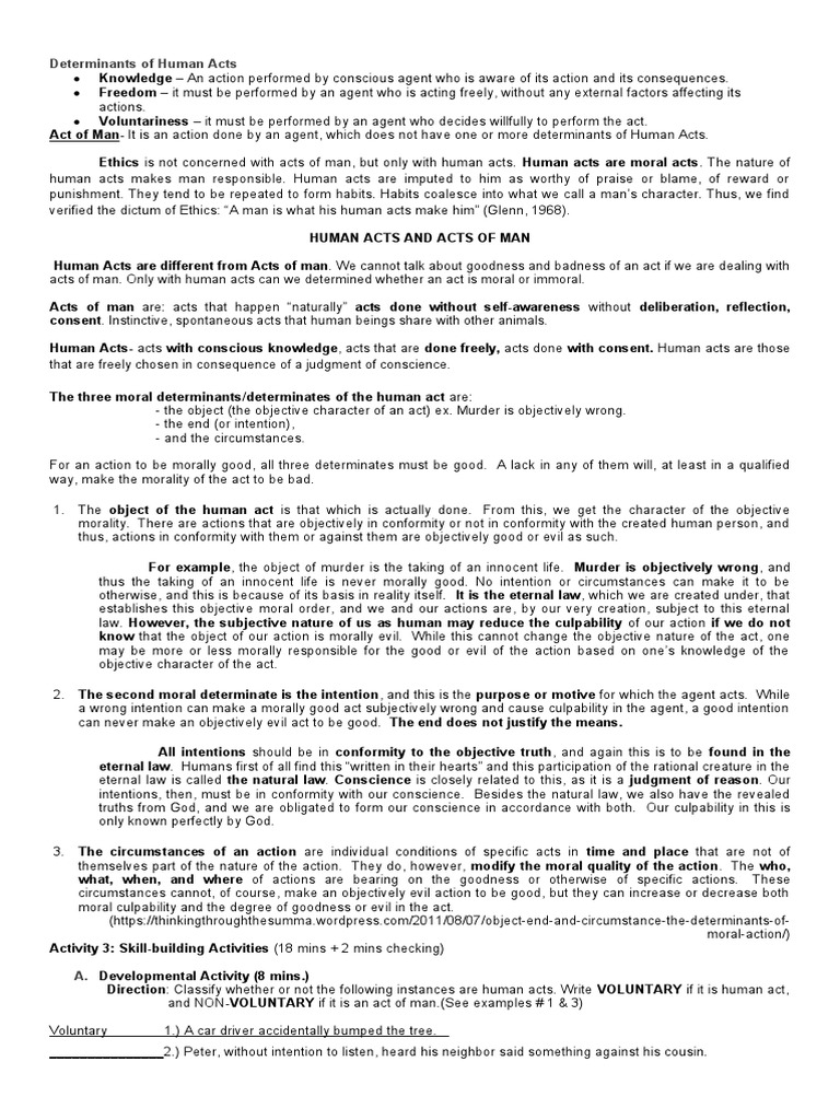 Determinants of Human Acts and How It Differ To Acts of Man | PDF ...