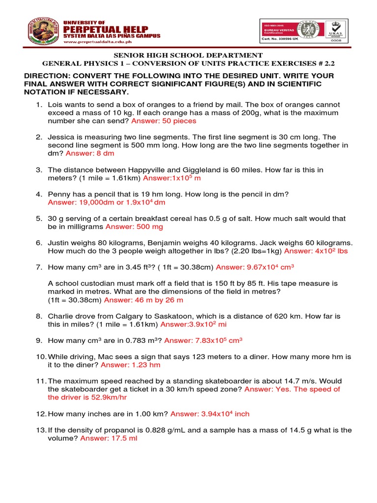 Practice Exercise 2.2 - Conversion of Units | PDF | Kilogram | Metre