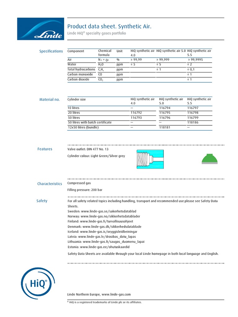 Product Data Sheet. Synthetic Air.: Specifications | PDF | Atmosphere ...