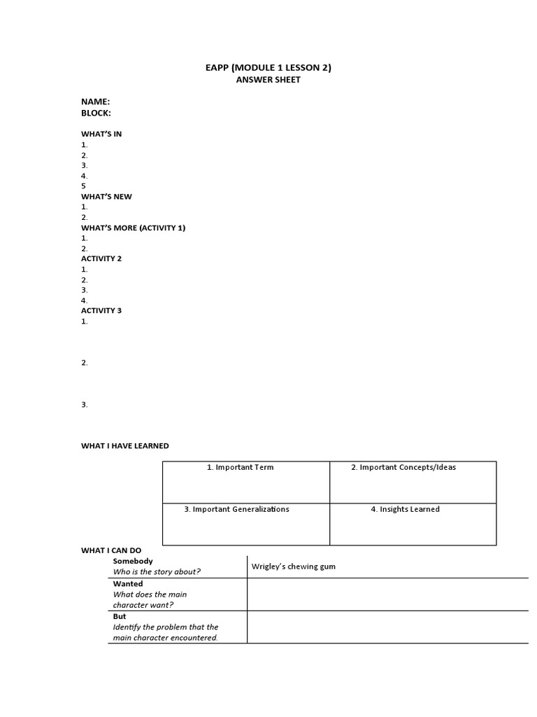 Eapp (Module 1 Lesson 2) : Answer Sheet Name: Block | PDF