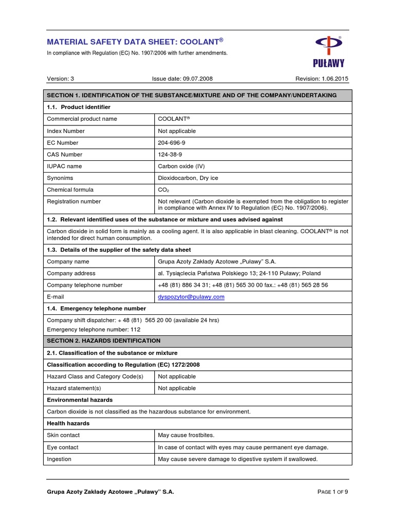 Material Safety Data Sheet: Coolant: in Compliance With Regulation (EC) No. 1907/2006 With ...