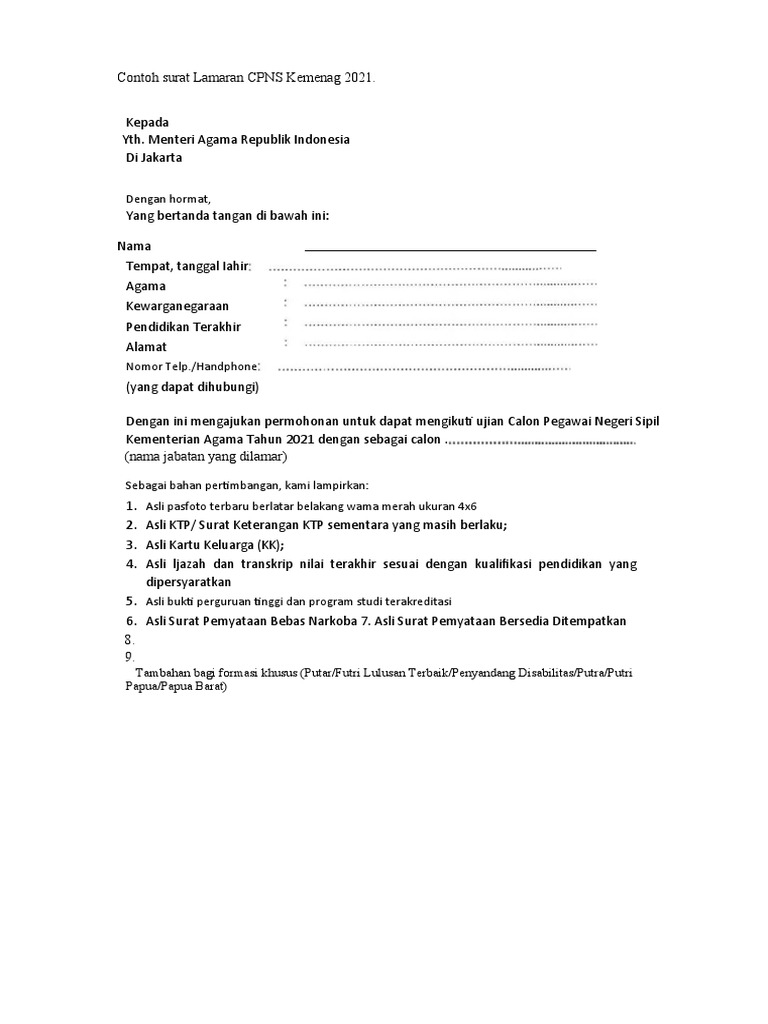Contoh Surat Lamaran CPNS Kemenag 2021 | PDF