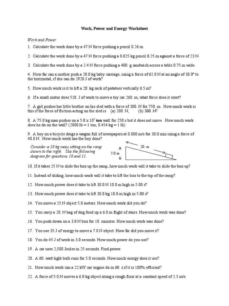 Work, Power and Energy Worksheet | PDF | Force | Potential Energy