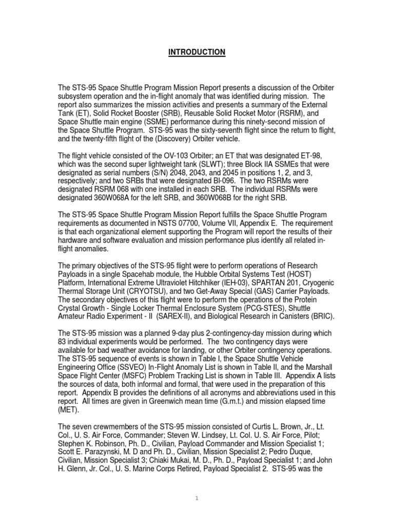 STS-95 Space Shuttle Mission Report | PDF | Space Shuttle Solid Rocket ...