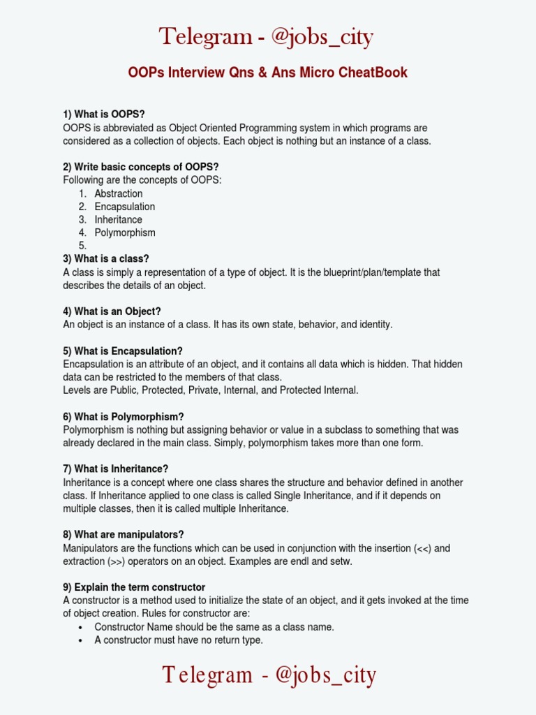 Telegram - @jobs - City: Oops Interview Qns & Ans Micro Cheatbook | PDF | Method (Computer ...