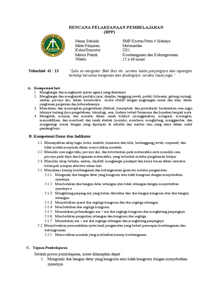 RPP Kls 9 Kesebangunan Dan Kekongruenan | PDF | Karier & Perkembangan