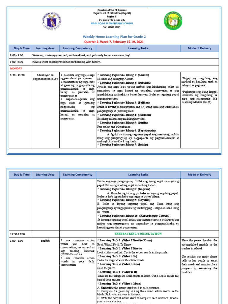 Grade 2 - All Subjects - WHLP - Q2 - W7 | PDF