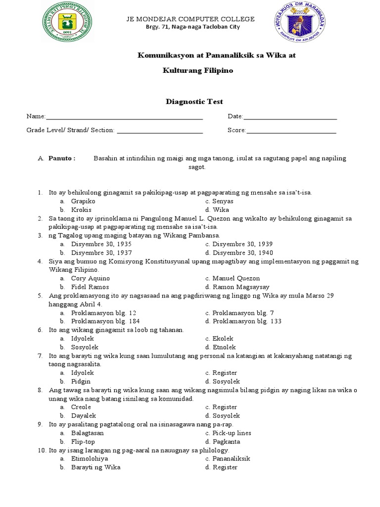Diagnostic Test in Filipino | PDF