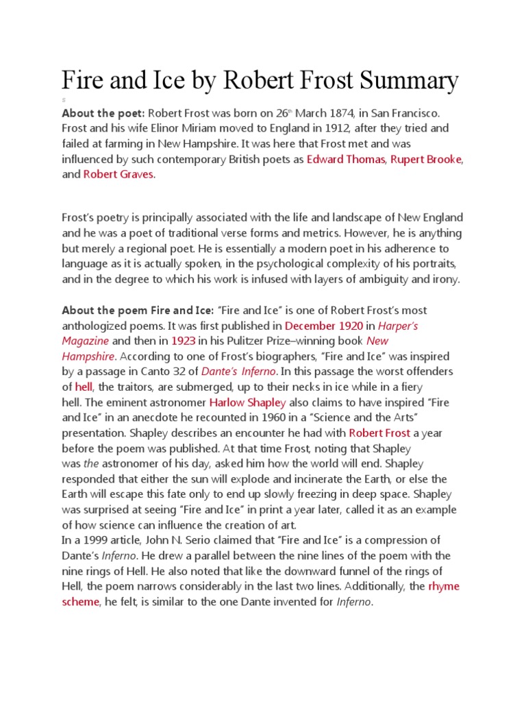 Summary of Fire and Ice by Robert Frost | PDF