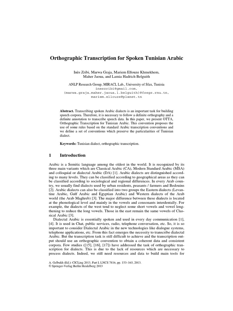 Orthographic Transcription For Spoken Tunisian Arabic | PDF | Arabic ...