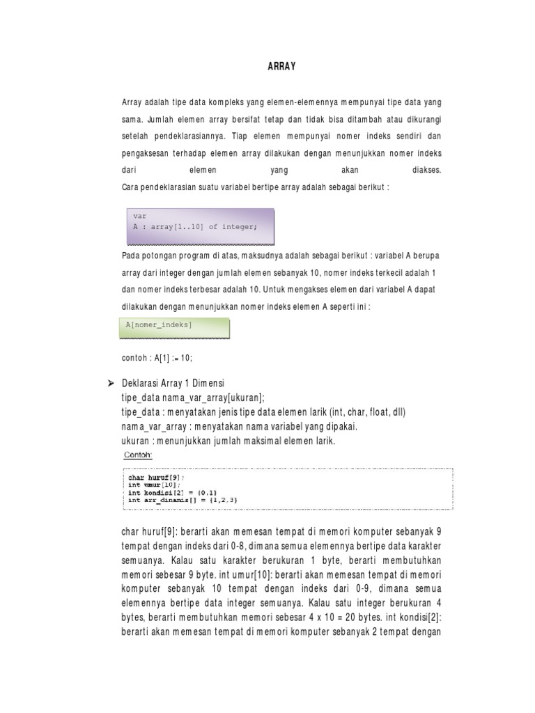 Panduan Lengkap Deklarasi Array 1D | PDF | Metode & Bahan Ajar