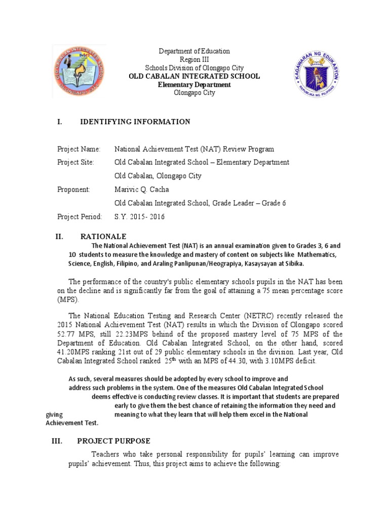 Project Proposal - Grade 6 Nat Review | PDF | Teachers | Test (Assessment)