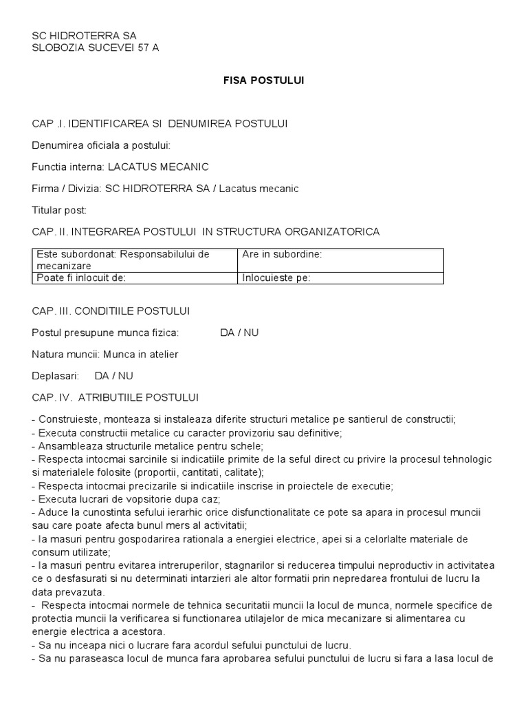 FISA POST Lacatus Mecanic-Model | PDF