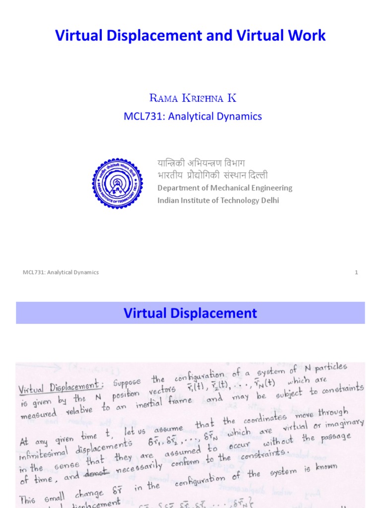 Virtual Displacement and Virtual Work: R K K MCL731: Analytical ...