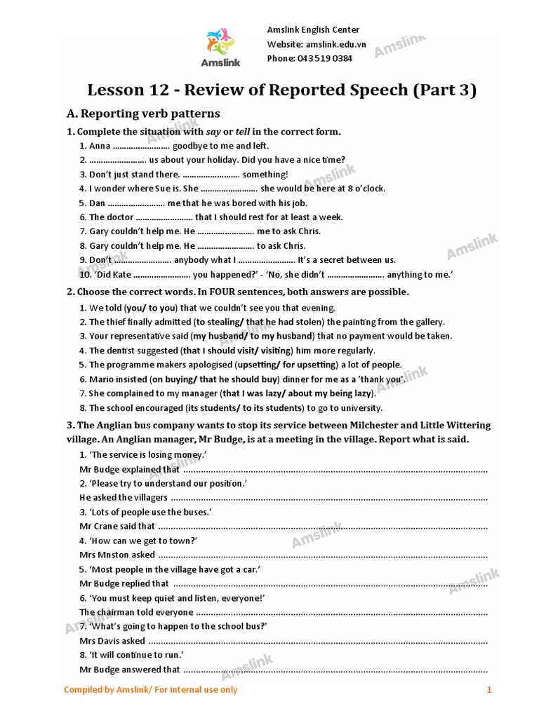 Lesson 12 - Review of Reported Speech (Part 3) : A. Reporting Verb ...