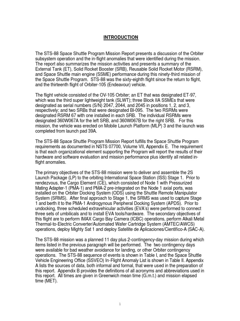 STS-88 Space Shuttle Program Mission Report | Download grátis PDF ...