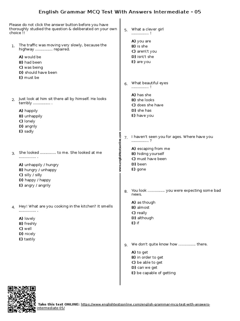 English Grammar MCQ Test 05 | PDF